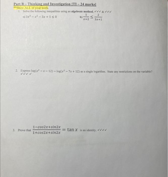 Solved Part B - Thinking and Investigation [TI - 24 marks] | Chegg.com