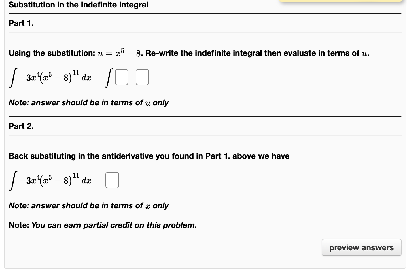 Solved Substitution in the Indefinite IntegralPart 1.Using | Chegg.com