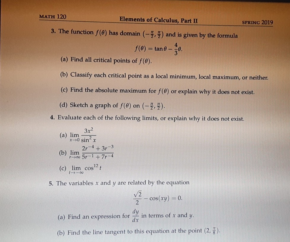 Solved MATH 120 Elements of Calculus, Part II SPRING 2019 3. | Chegg.com