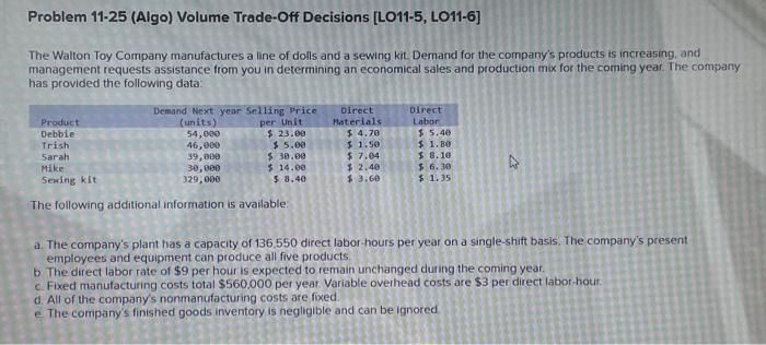 Solved Problem 11-25 (Algo) Volume Trade-Off Decisions | Chegg.com