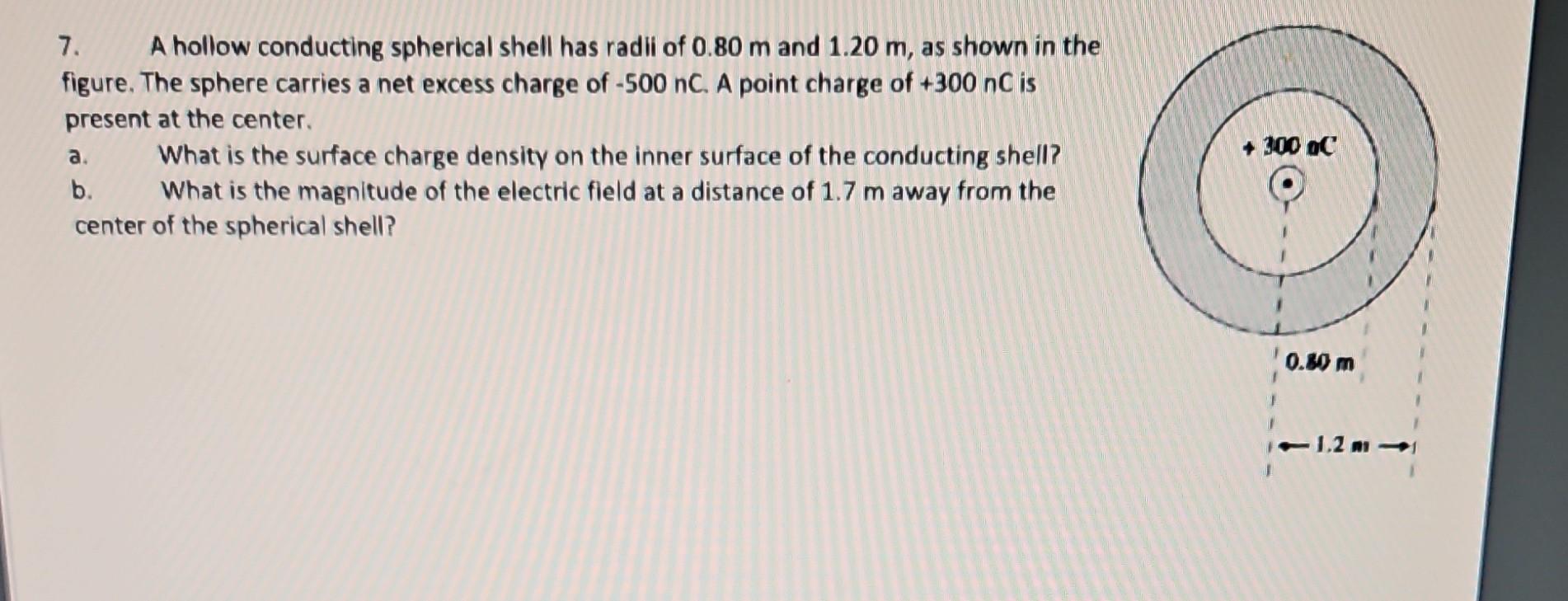 Solved 7. A hollow conducting spherical shell has radii of | Chegg.com