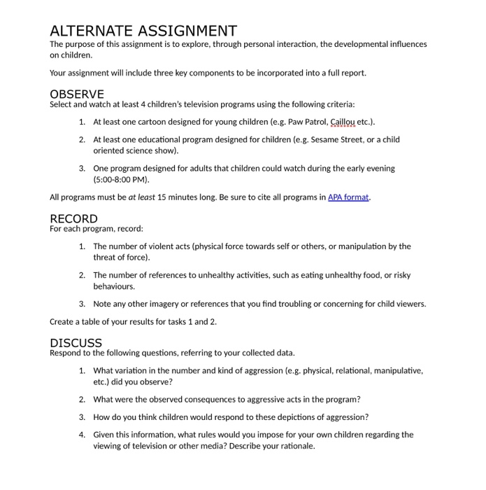 ALTERNATE ASSIGNMENT The purpose of this assignment | Chegg.com