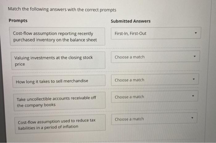 Solved Match the following answers with the correct prompts | Chegg.com