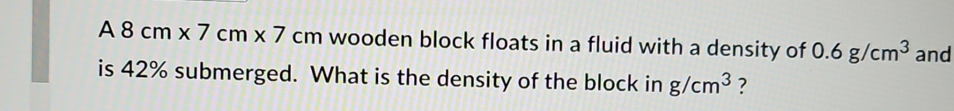 Solved A 8cm×7cm×7cm ﻿wooden block floats in a fluid with a | Chegg.com
