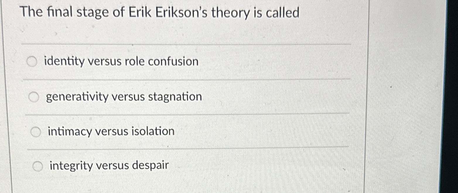 Solved The final stage of Erik Erikson's theory is | Chegg.com
