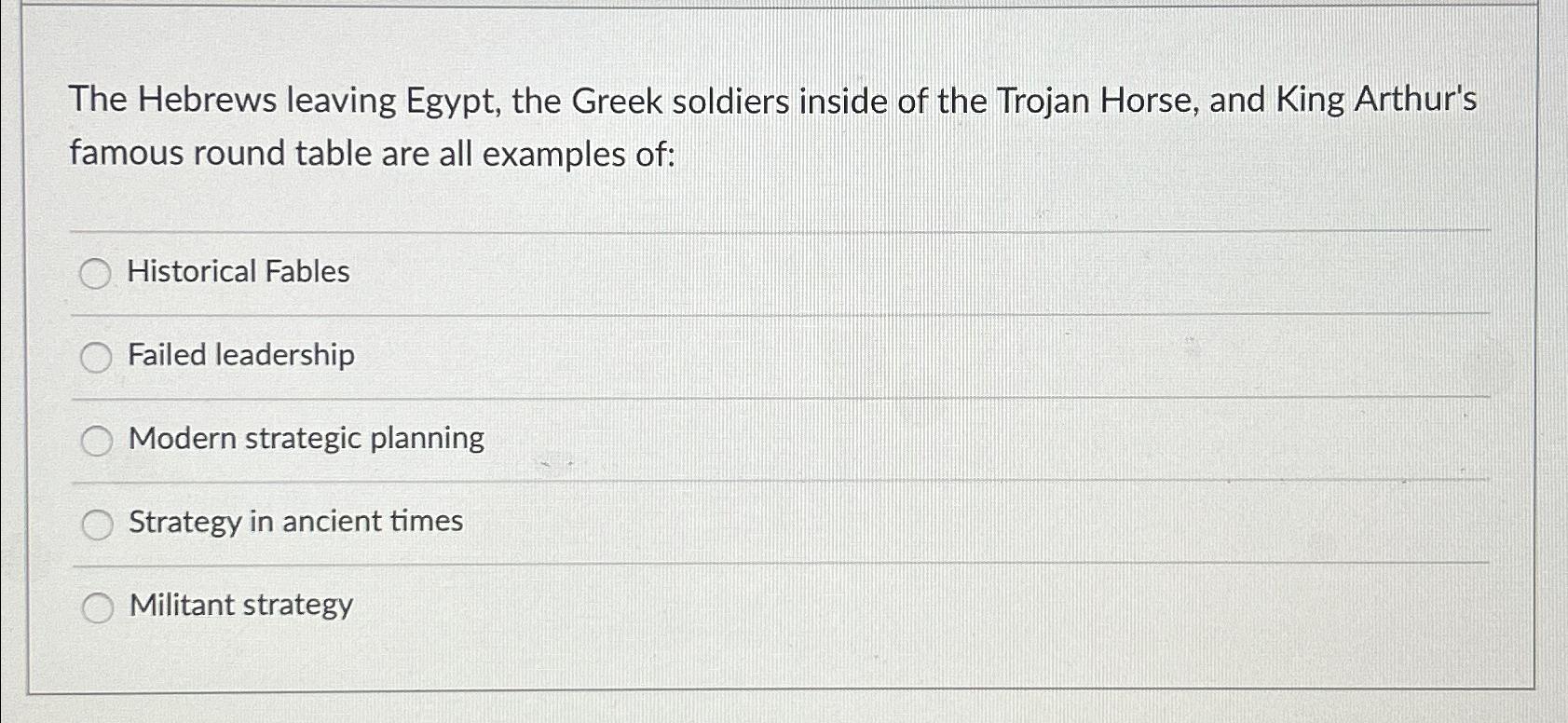 Solved The Hebrews leaving Egypt, the Greek soldiers inside | Chegg.com