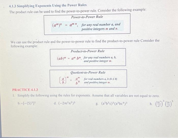 Solved 4.1.3 Simplifying Exponents Using the Power Rules The | Chegg.com