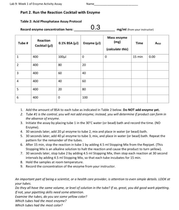 Name Lab 9: Week 1 of Enzyme Activity Assay Part 2. | Chegg.com