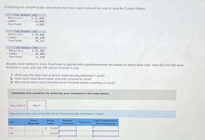 Solved Following are simplified job cost sheets for three | Chegg.com