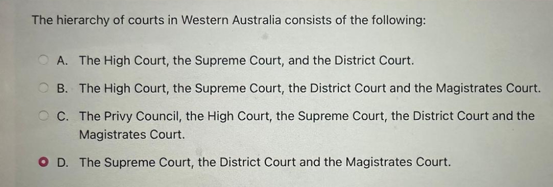 Solved The hierarchy of courts in Western Australia consists | Chegg.com