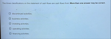 Solved The three classifications on the statement of cash | Chegg.com