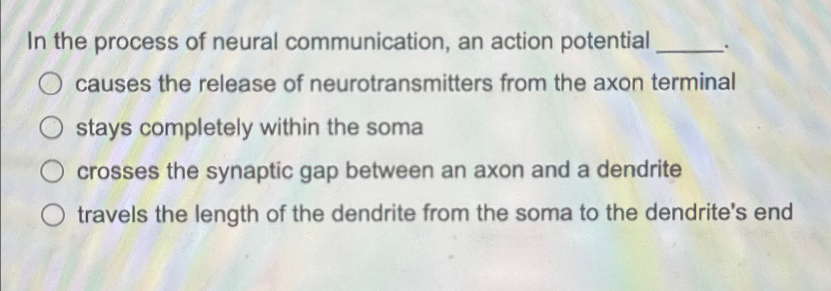 Solved In the process of neural communication, an action | Chegg.com