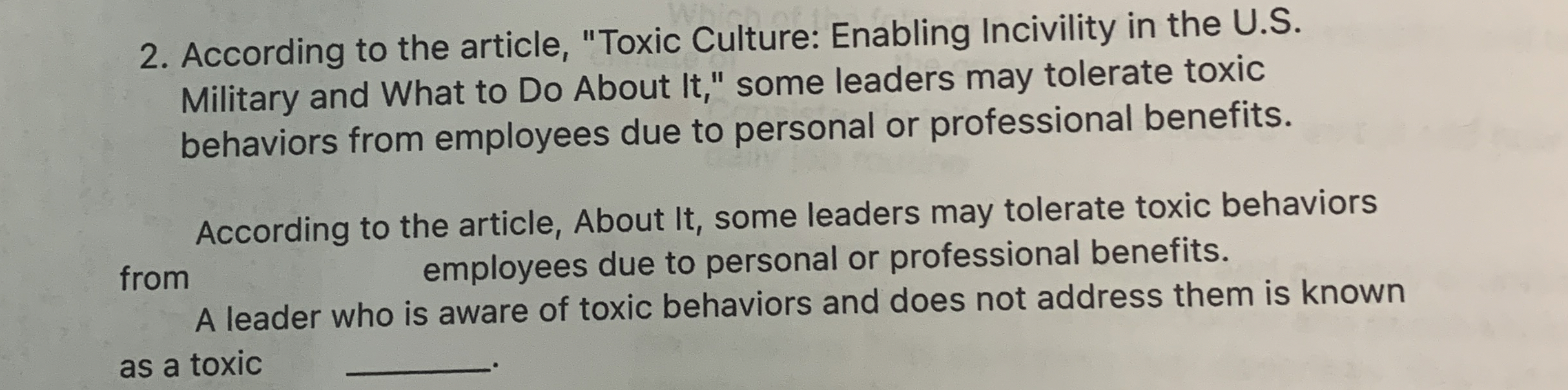 Solved According to the article, "Toxic Culture: Enabling | Chegg.com