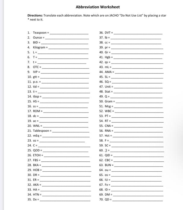 Directions: Translate each abbreviation. Note which | Chegg.com