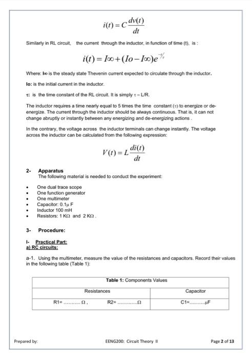 Solved Experiment No. 2 First Order Circuits 1. Objectives | Chegg.com