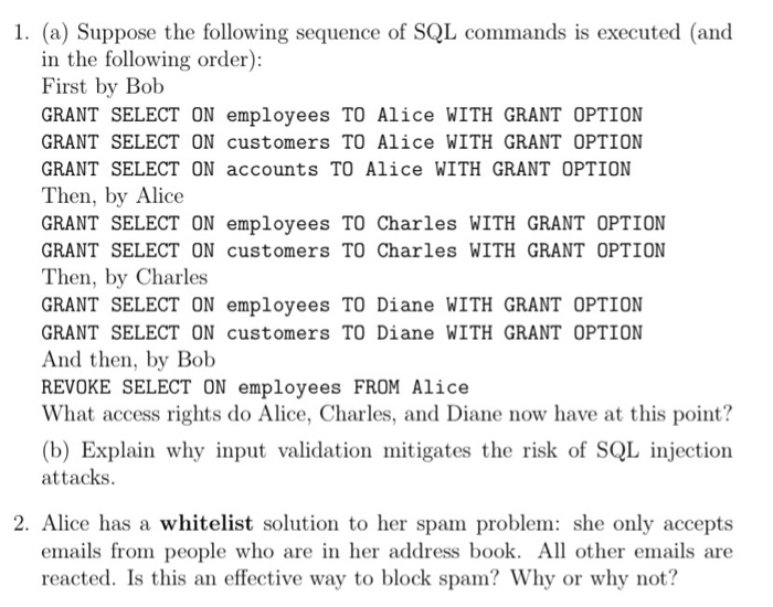 1. (a) Suppose the following sequence of SQL commands | Chegg.com