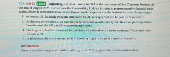 Solved E2.S (LO 3) Excel (Adjusting Entries) Andy Roddick is | Chegg.com