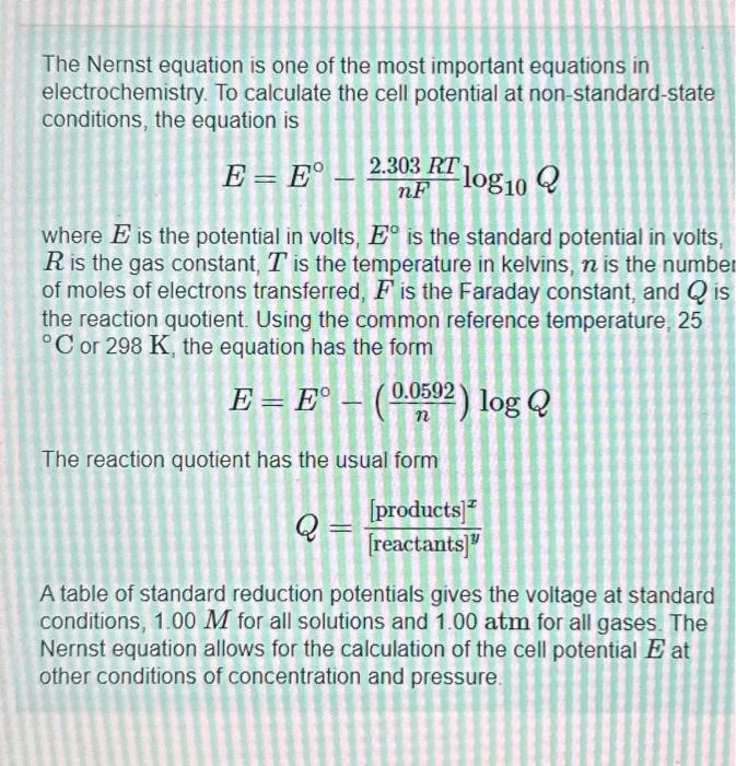 Solved The Nernst equation is one of the most important | Chegg.com