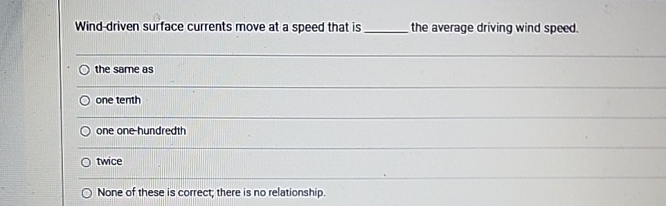 Solved Wind-driven surface currents move at a speed that is | Chegg.com