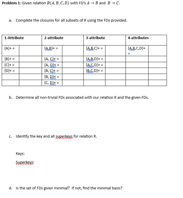 Solved Problem 1: Given relation R(A,B,C,D) ﻿with FD's A→B | Chegg.com