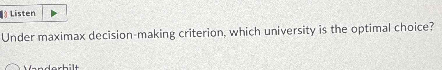 Solved ListenUnder maximax decision-making criterion, which | Chegg.com
