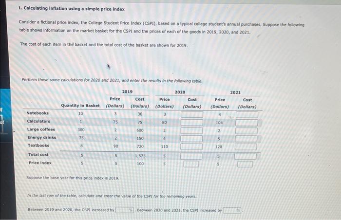 Solved 1. Calculating inflation using a simple price index | Chegg.com