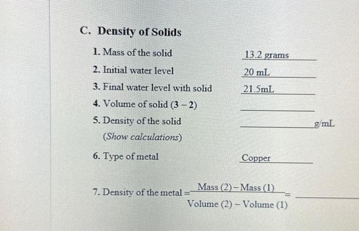 Solved C. Density of Solids 1. Mass of the solid 2. Initial | Chegg.com