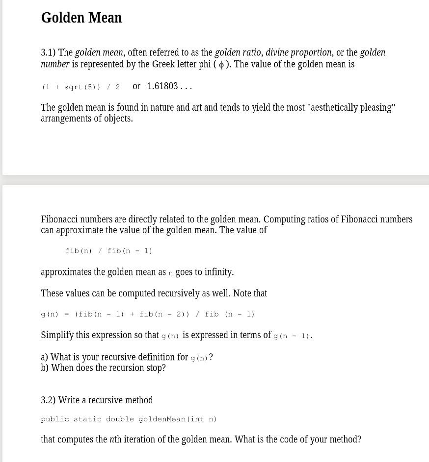 Solved 3.1) The golden mean, often referred to as the golden | Chegg.com