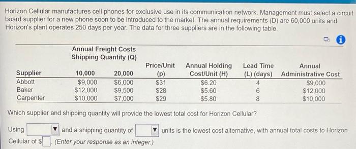Solved Horizon Cellular manufactures cell phones for | Chegg.com