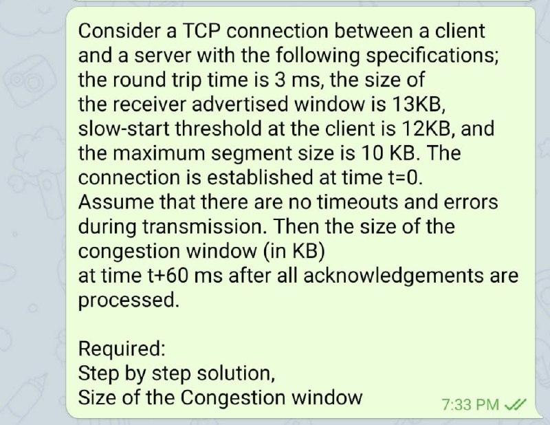 Consider a TCP connection between a client and a | Chegg.com