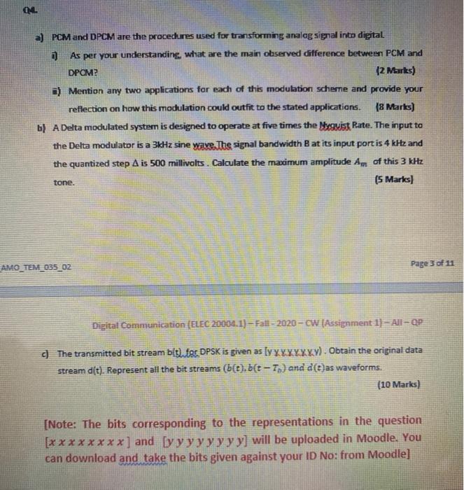 a) PCM and DPCM are the procedures used for | Chegg.com