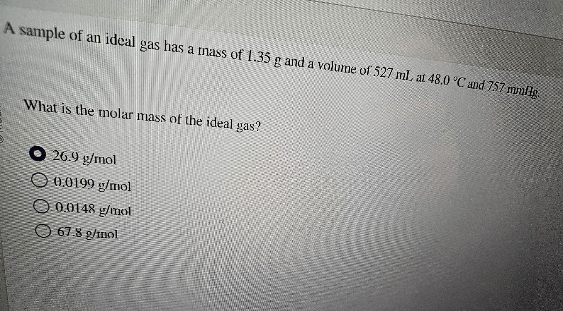 Solved sample of an ideal gas has a mass of 1.35g ﻿and a | Chegg.com