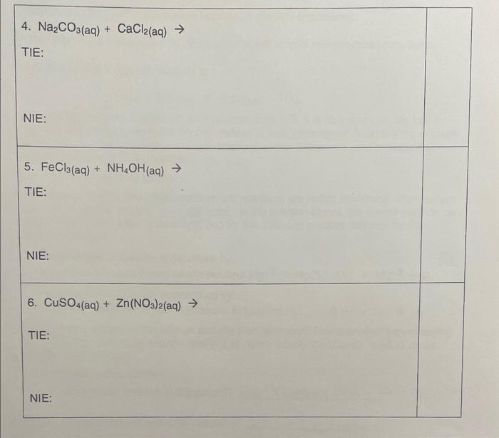 Solved 4. Na2CO3 (aq) +CaCl2 (aq) → TIE: NIE: 5. FeCl3 (aq) | Chegg.com