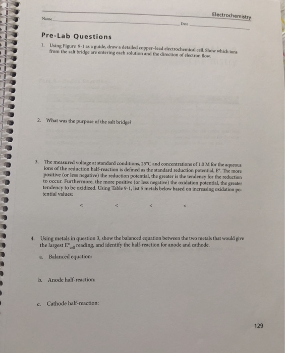 Solved Electrochemistry Name Date Pre-Lab Questions 1. Using | Chegg.com