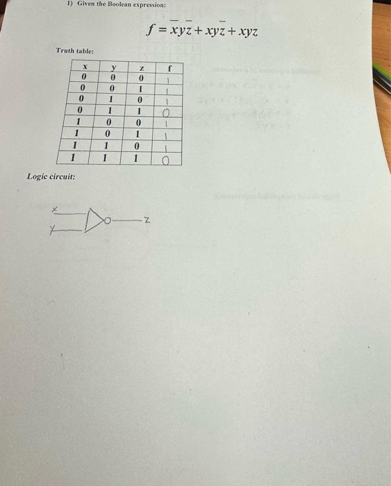 Solved 1) Given the Boolean expression: f=xˉyzˉ+xyz+xyz | Chegg.com