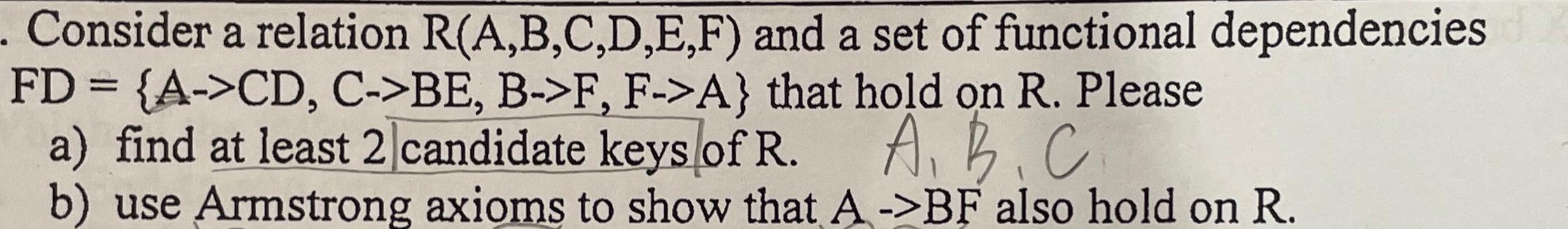 Solved Consider a relation R(A,B,C,D,E,F) ﻿and a set of | Chegg.com