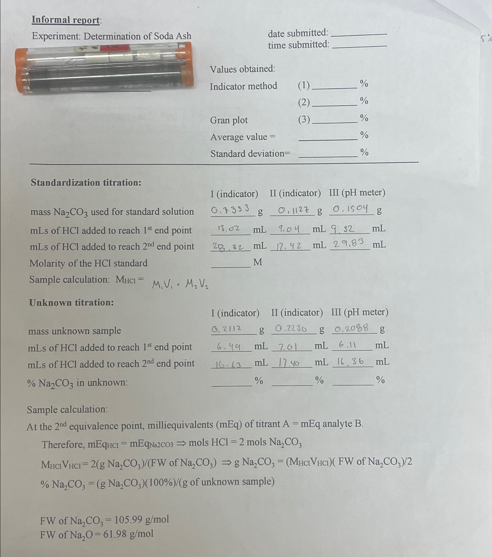 Solved Informal report:Experiment: Determination of Soda | Chegg.com