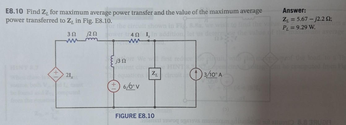 Solved E8.10 ﻿Find ZL ﻿for maximum average power transfer | Chegg.com