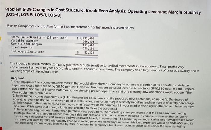 Solved Problem 5-29 Changes in Cost Structure; Break-Even | Chegg.com