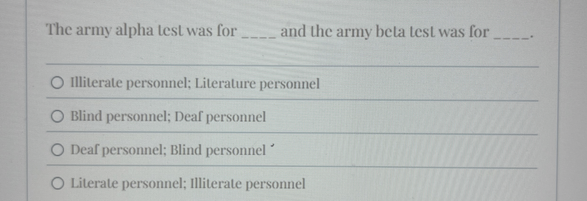 Solved The army alpha test was forand the army beta test was | Chegg.com