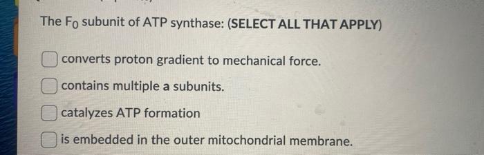 Solved The F0 subunit of ATP synthase: (SELECT ALL THAT | Chegg.com