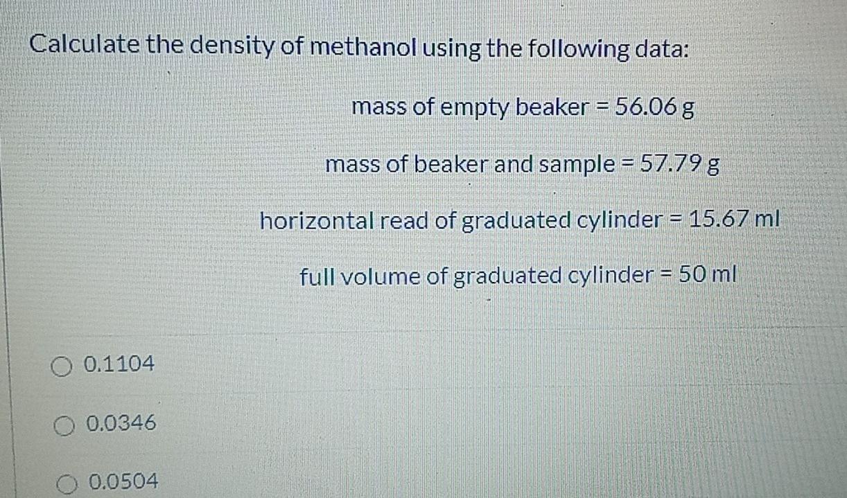 Solved Calculate the density of methanol using the following | Chegg.com