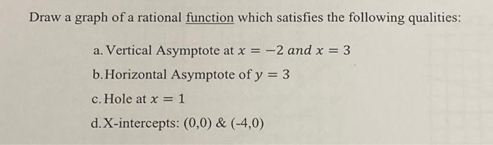 Solved Draw a graph of a rational function which satisfies | Chegg.com