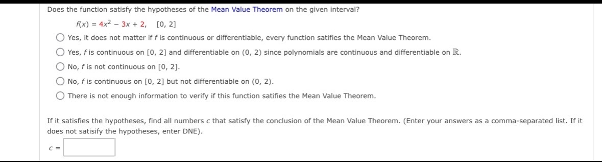 Solved Does the function satisfy the hypotheses of the Mean | Chegg.com