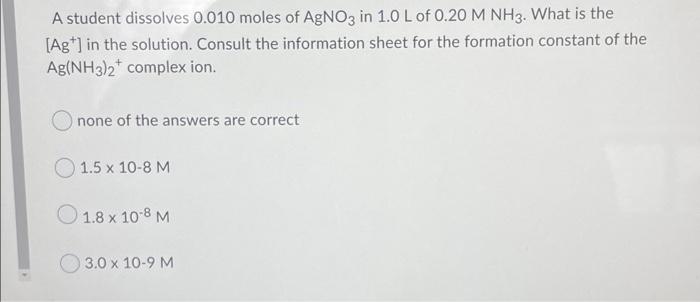 Solved Formation Constants Kf COMPLEX ION AG(NH3)2+ | Chegg.com