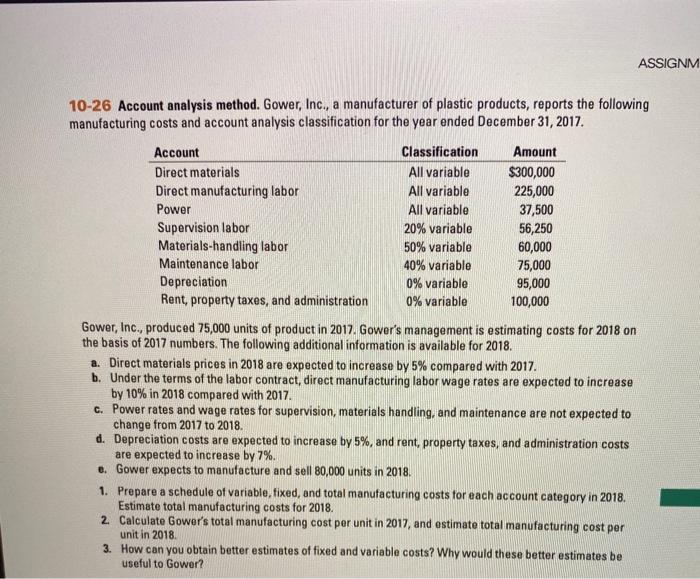 Solved ASSIGNM 10-26 Account analysis method. Gower, Inc., a | Chegg.com