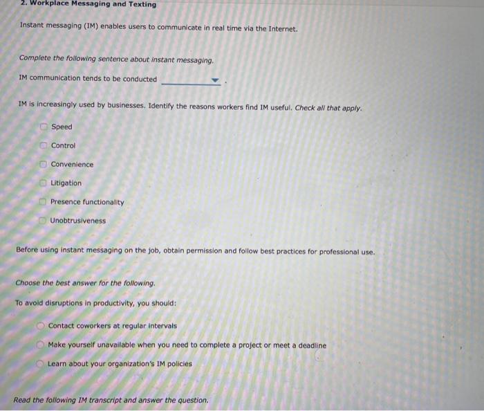 Solved 2. Workplace Messaging and Texting Instant messaging | Chegg.com