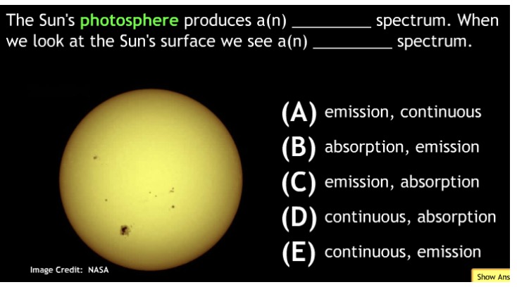 Solved The Sun's photosphere produces a(n)spectrum. Whenwe | Chegg.com