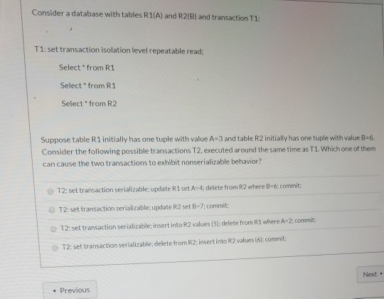 Solved Consider a database with tables R1(A) and R2(B) and | Chegg.com