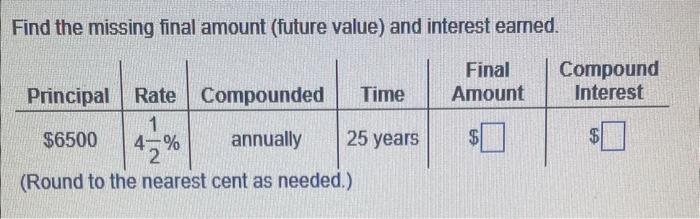 Solved Find the missing final amount (future value) and | Chegg.com